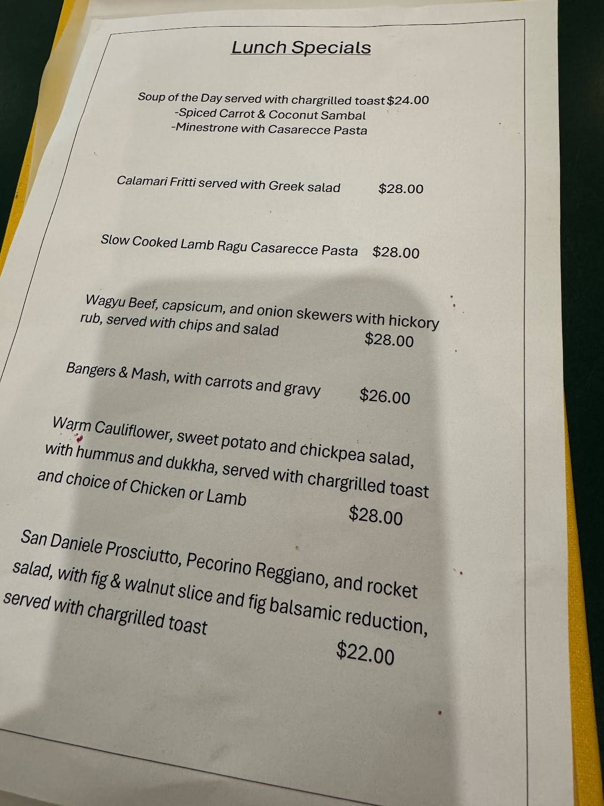 Menu at Esca cafe, Sydney