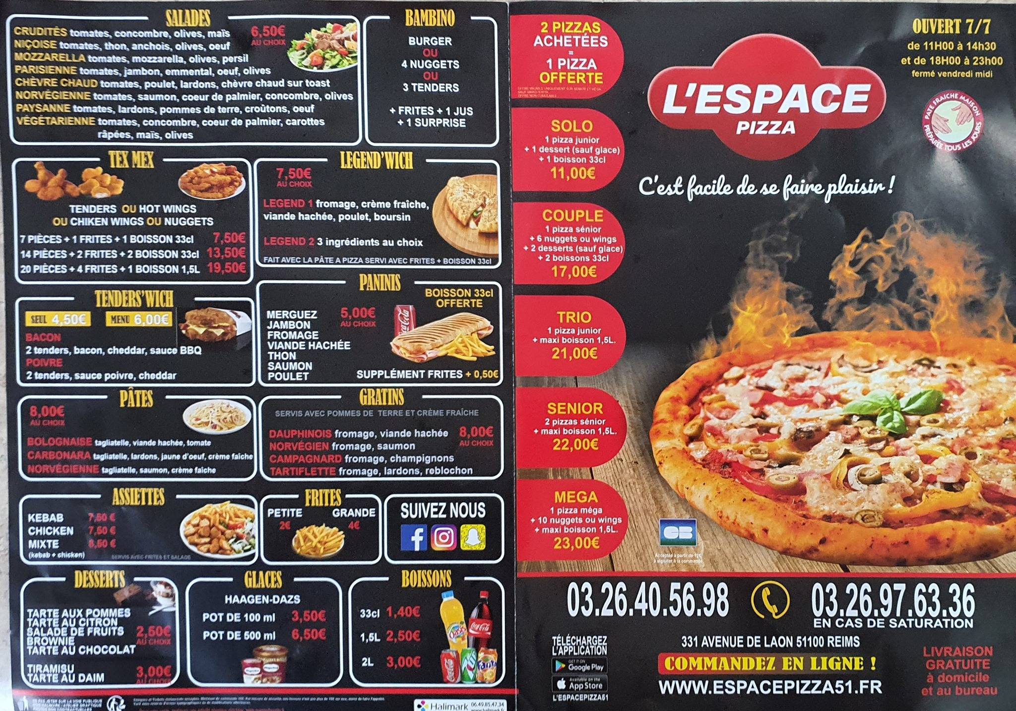 Menu au Espace Pizza pizzeria, Reims