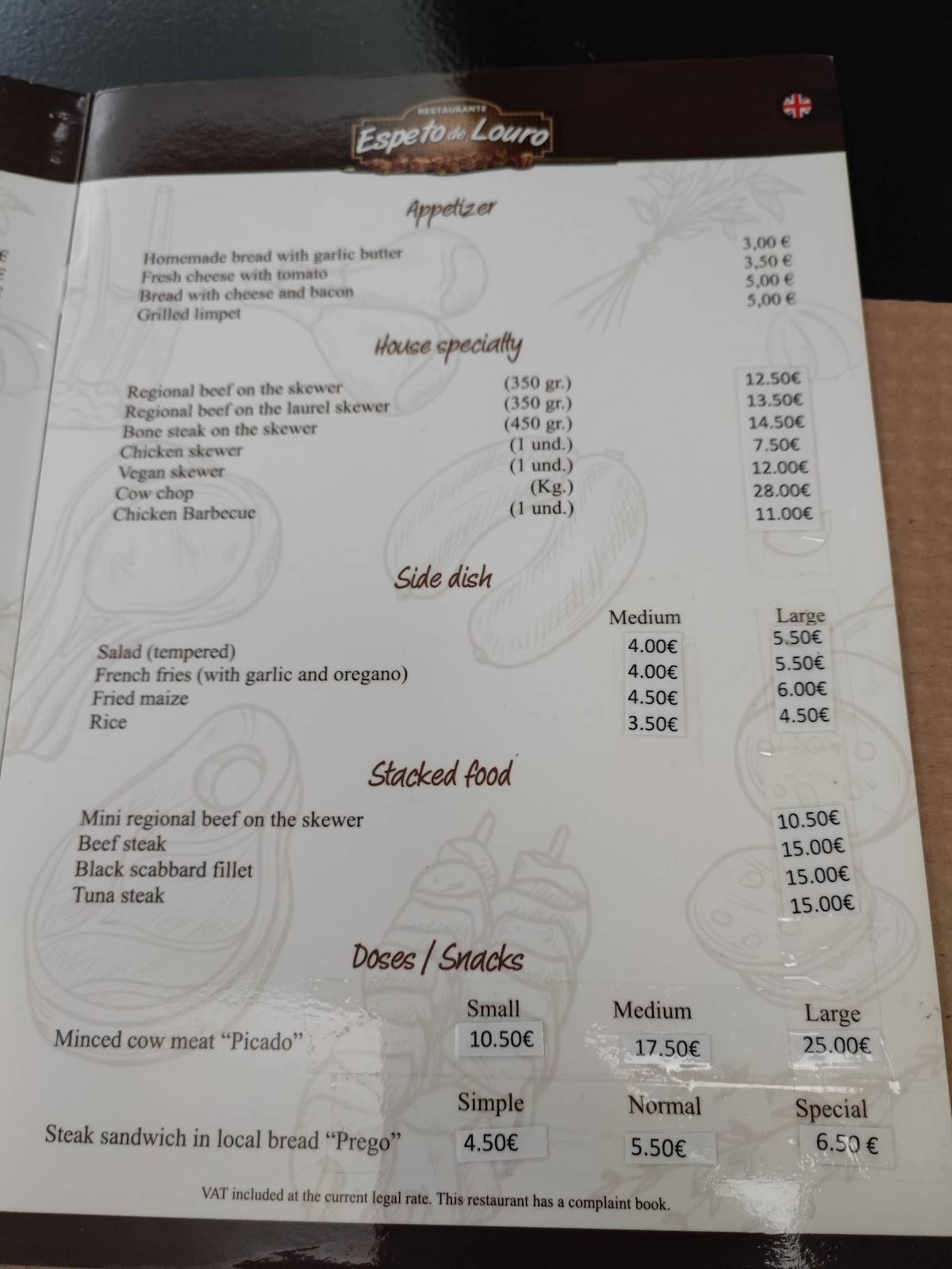 Menu em Espeto de Louro restaurante, Estreito De Câmara