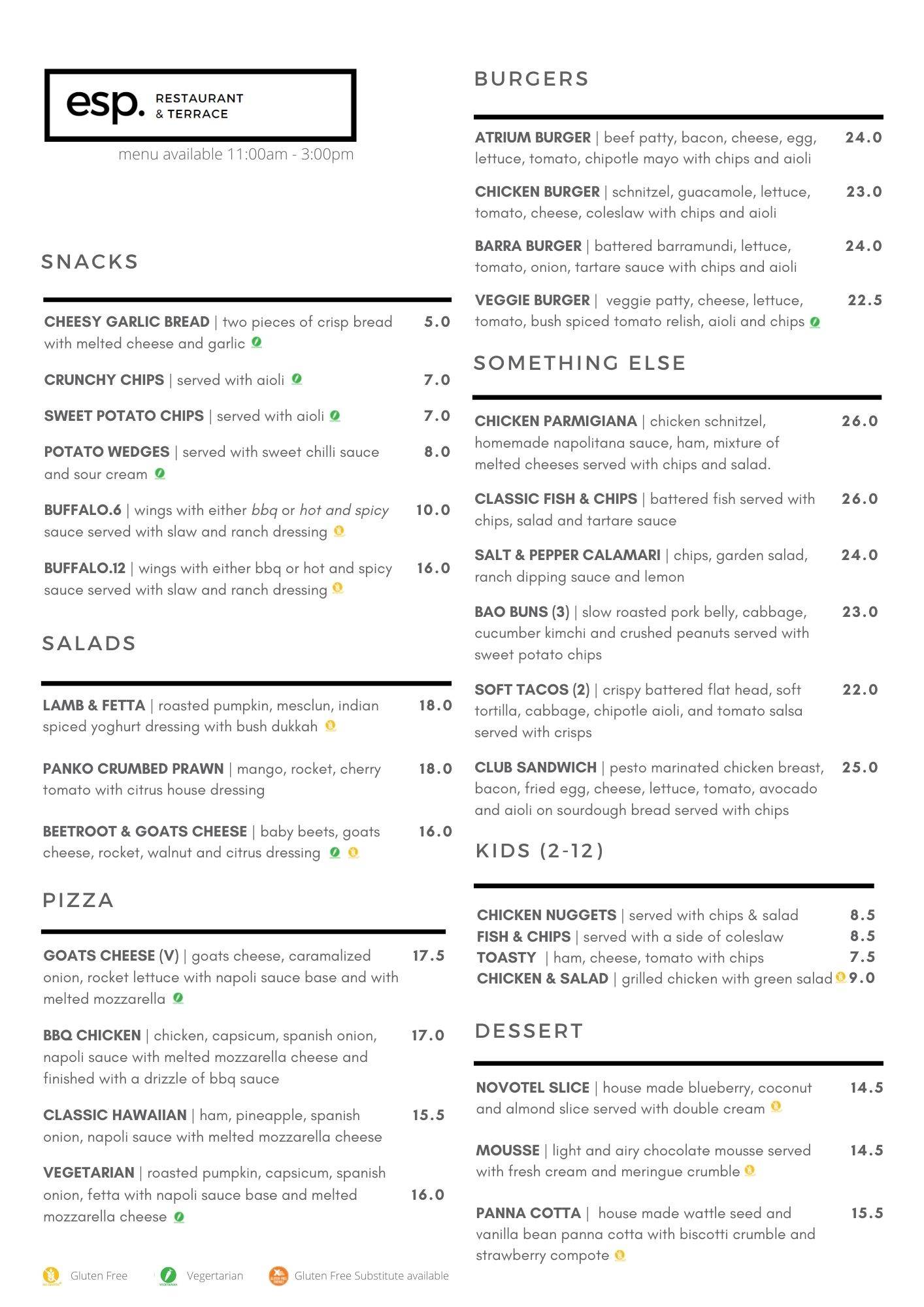 Menu at Esplanade Restaurant & Terrace, Darwin City