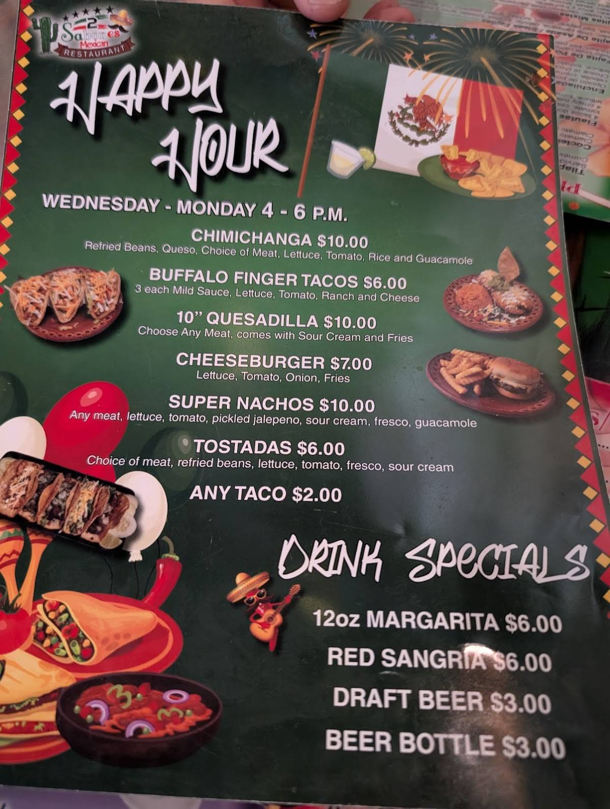 Menu at Dos Sabores Restaurant, Three Oaks