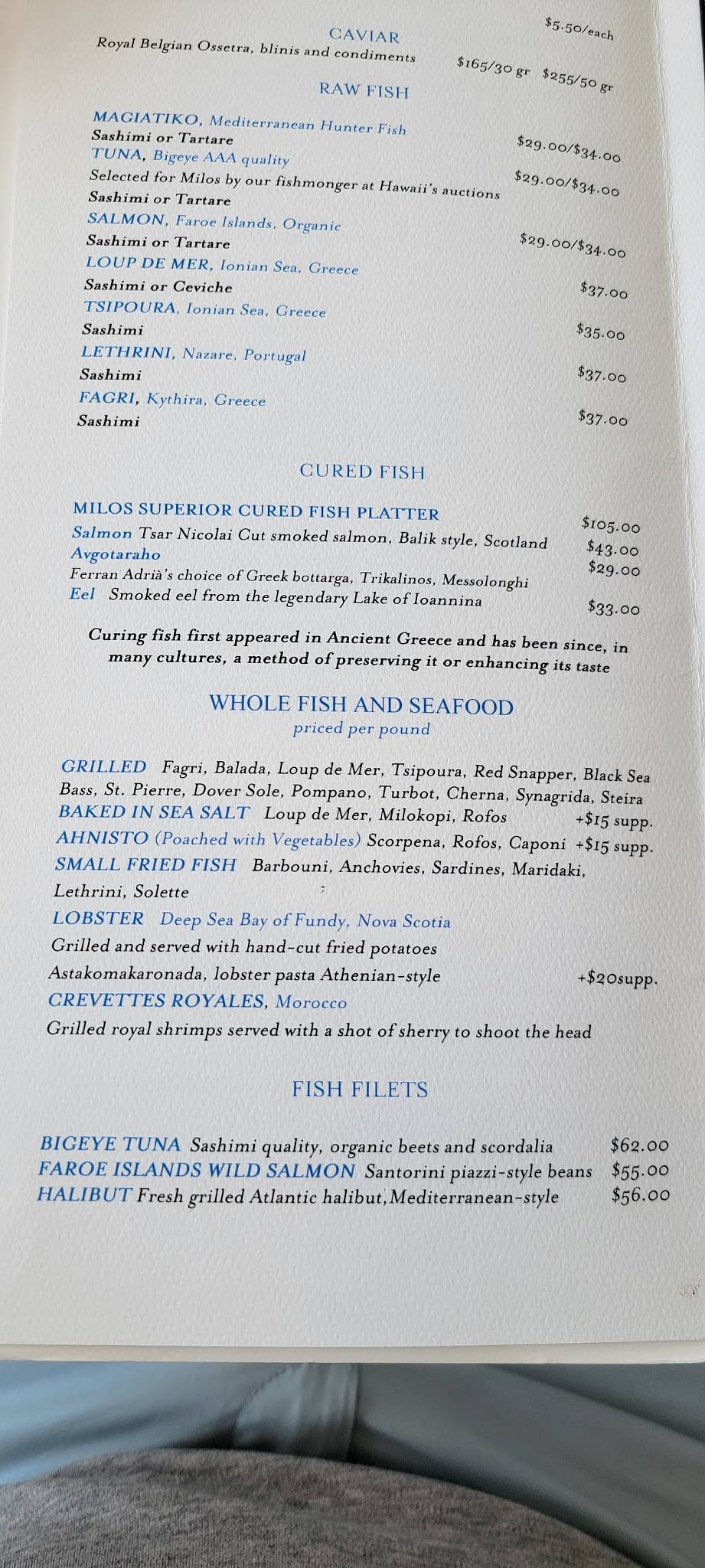 Menu at estiatorio Milos Hudson Yards restaurant, West New York, 20 ...