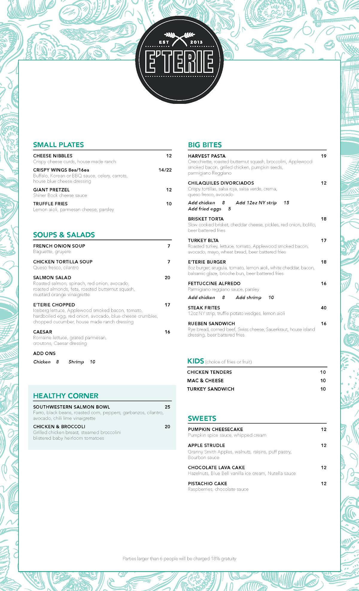 Menu at E'terie pub & bar, The Woodlands