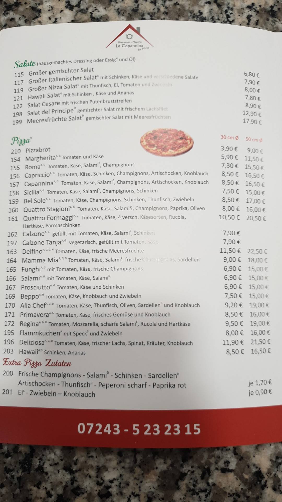 Menu au La Capannina Mamma Mia pizzeria, Waldbronn
