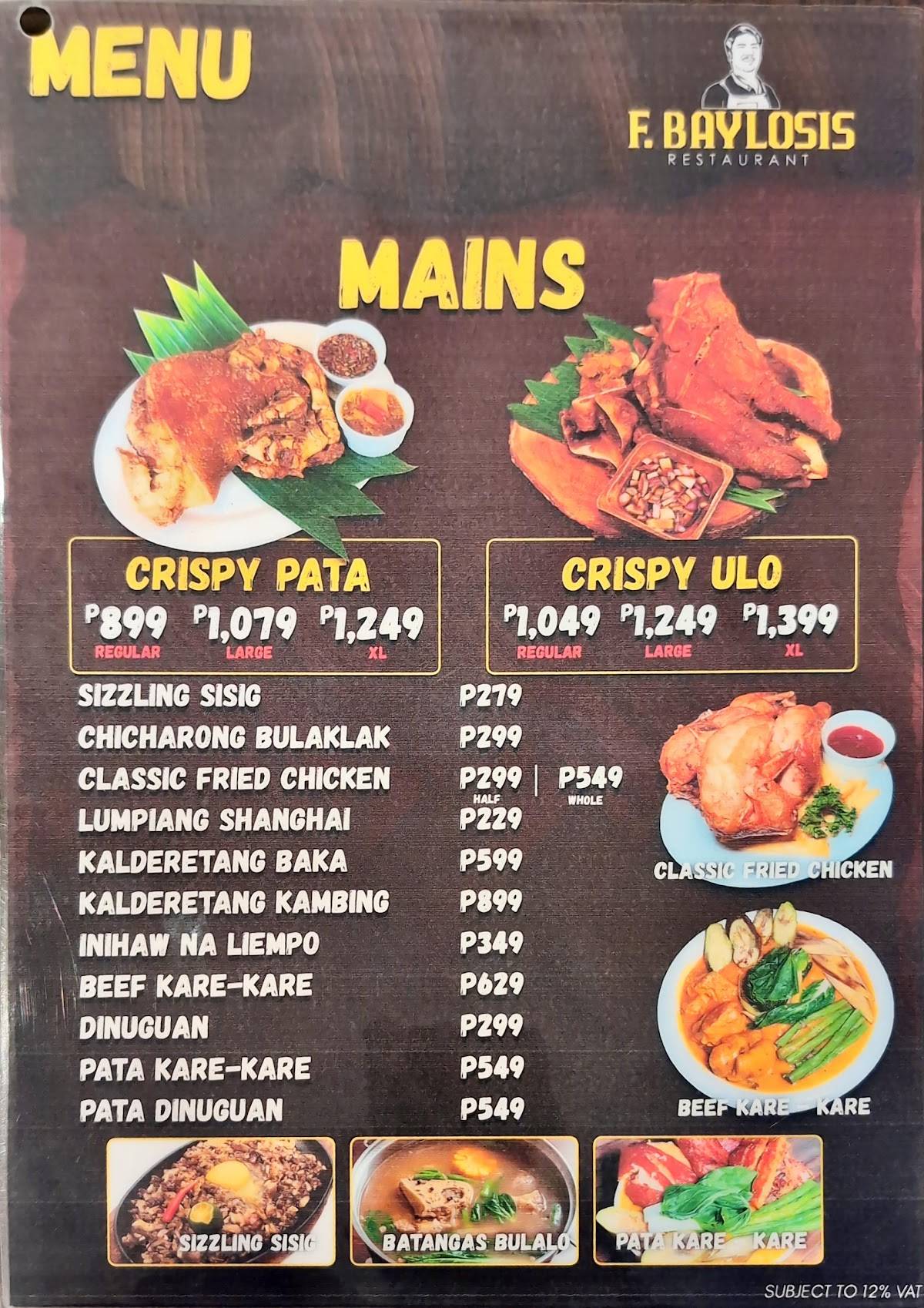 Menu at F. Baylosis Crispy Pata & Chicken restaurant, Batangas