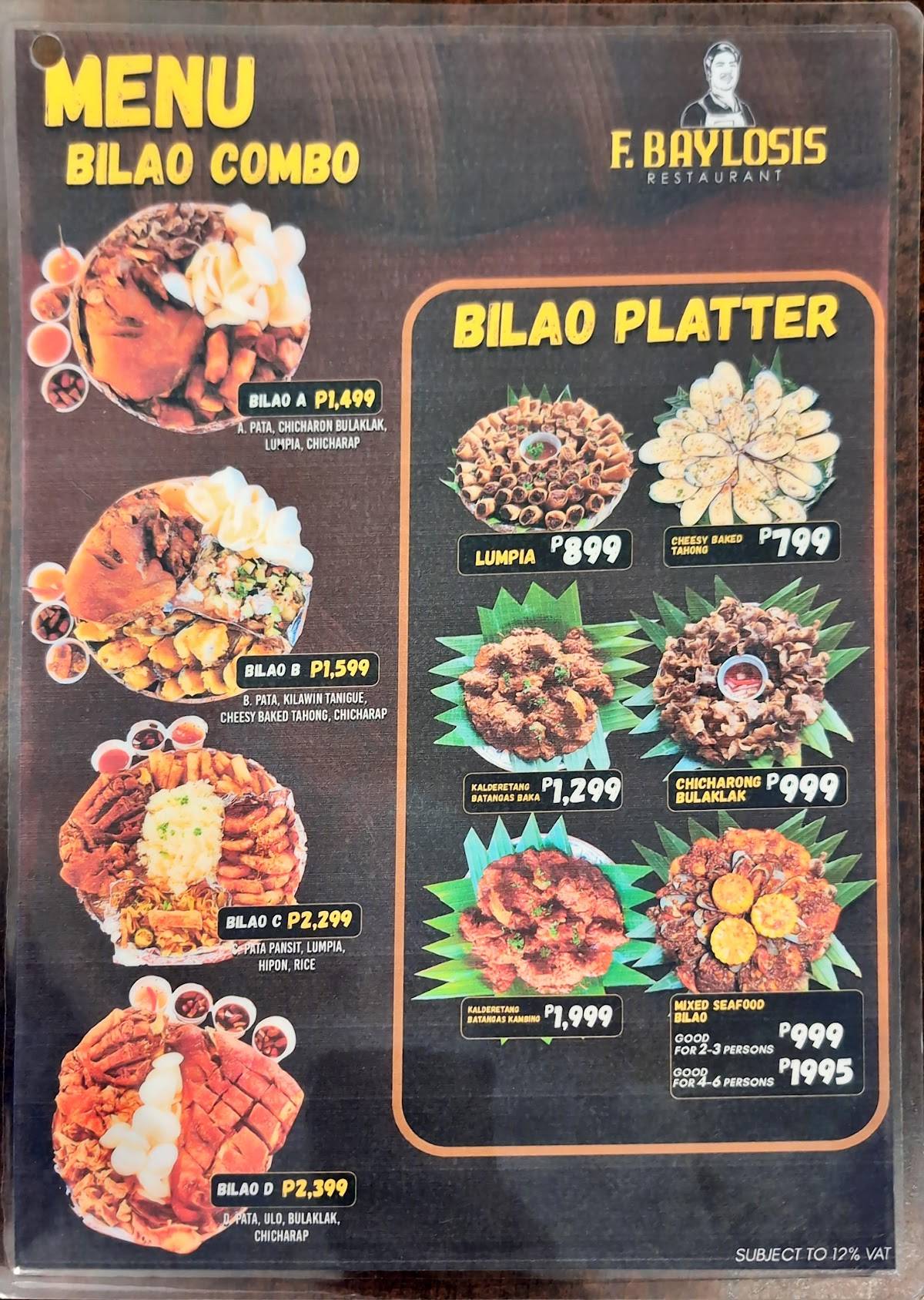 Menu at F. Baylosis Crispy Pata & Chicken restaurant, Batangas