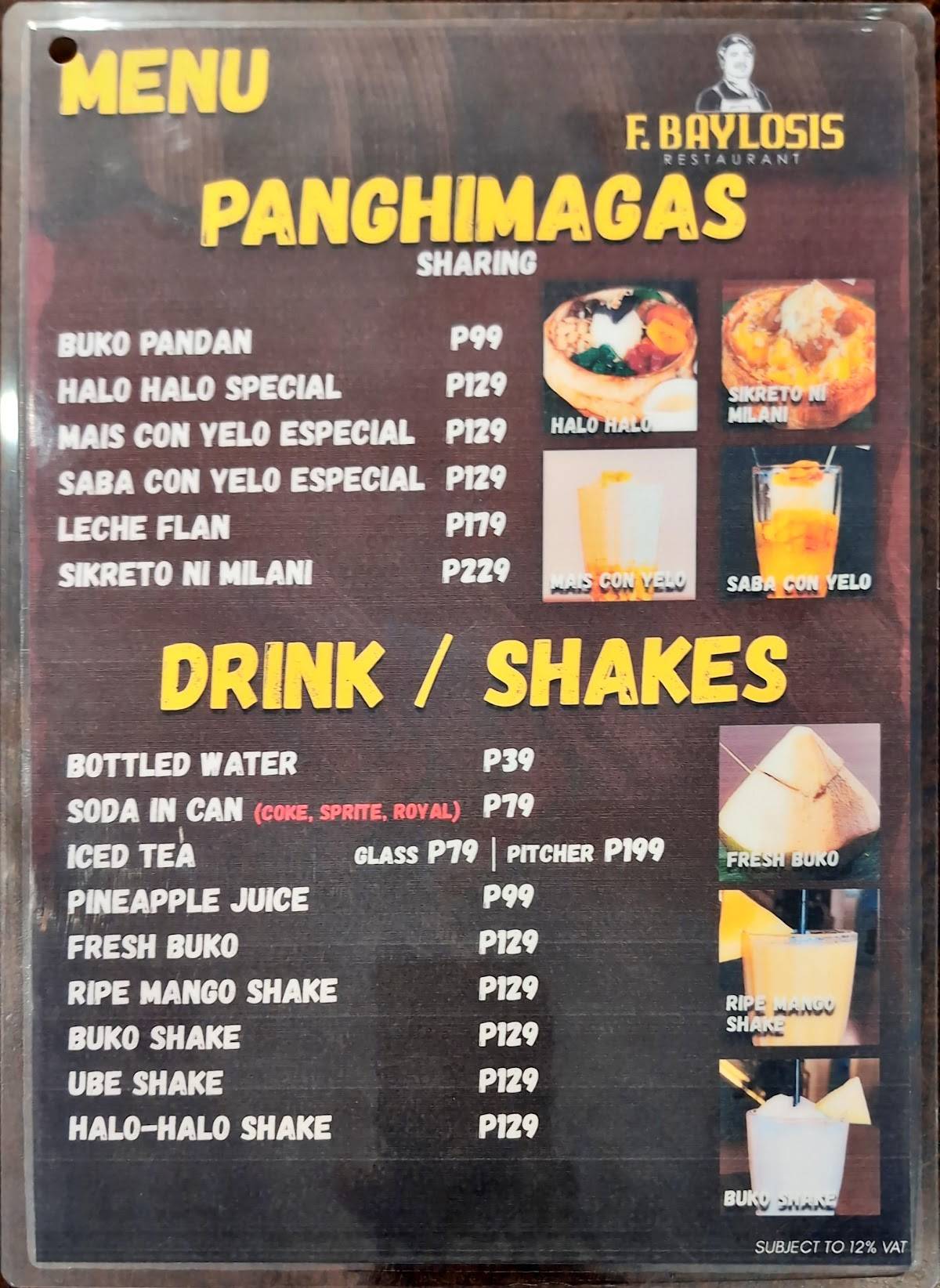 Menu at F. Baylosis Crispy Pata & Chicken restaurant, Batangas