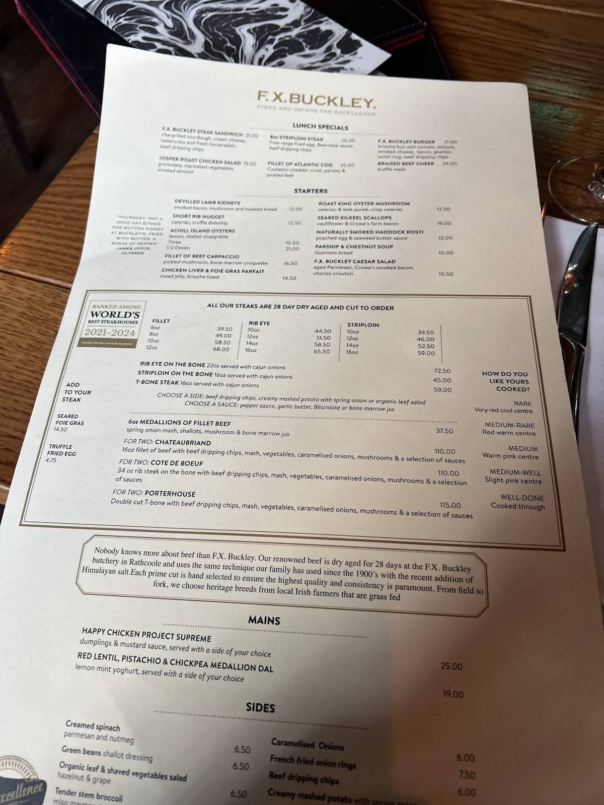 Menu at F.X. Buckley Steakhouse Pembroke Street, Dublin, 1A Pembroke ...