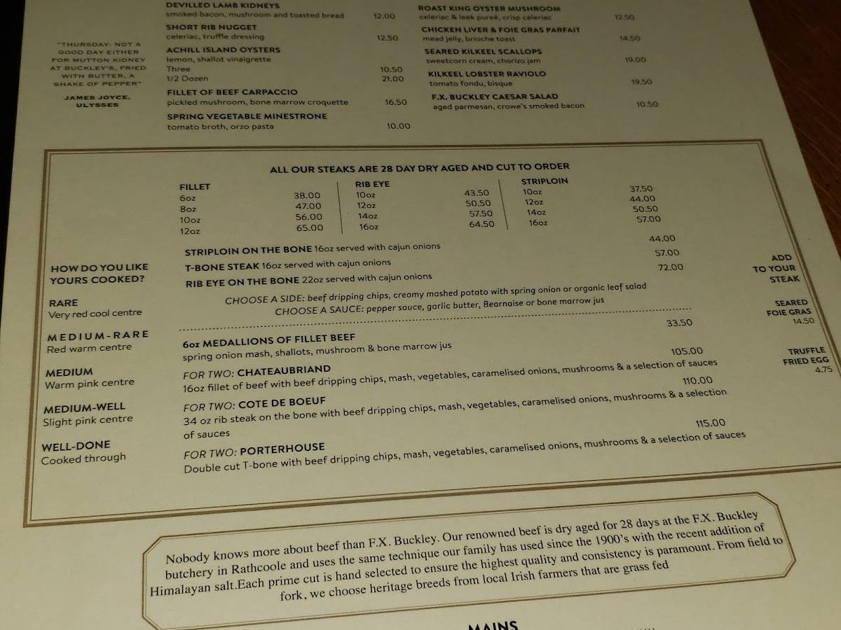 Menu at F.X. Buckley Steakhouse Pembroke Street, Dublin, 1A Pembroke ...