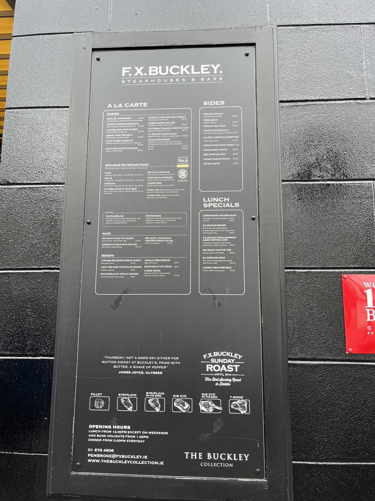 Menu at F.X. Buckley Steakhouse Pembroke Street, Dublin, 1A Pembroke ...
