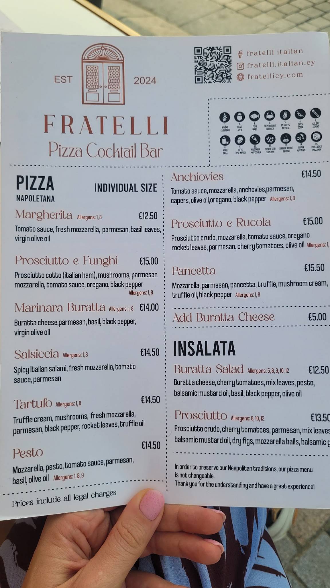 Menu at FRATELLI Italian Pizza Cocktail Bar, Larnaca