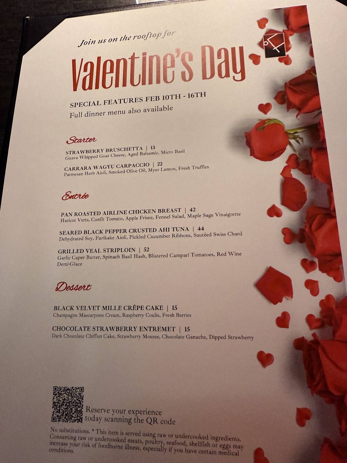 Menu at Fahrenheit restaurant, Charlotte