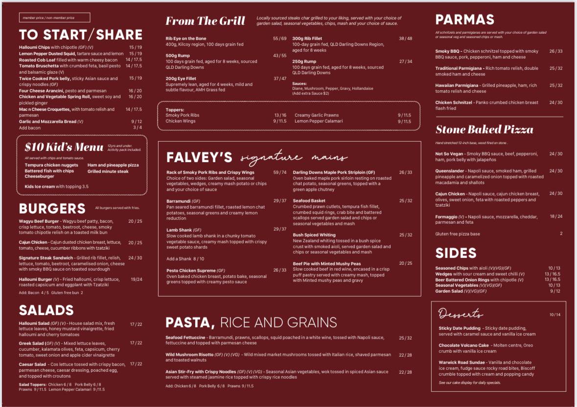 Menu at Falvey's Hotel Yamanto restaurant, Yamanto