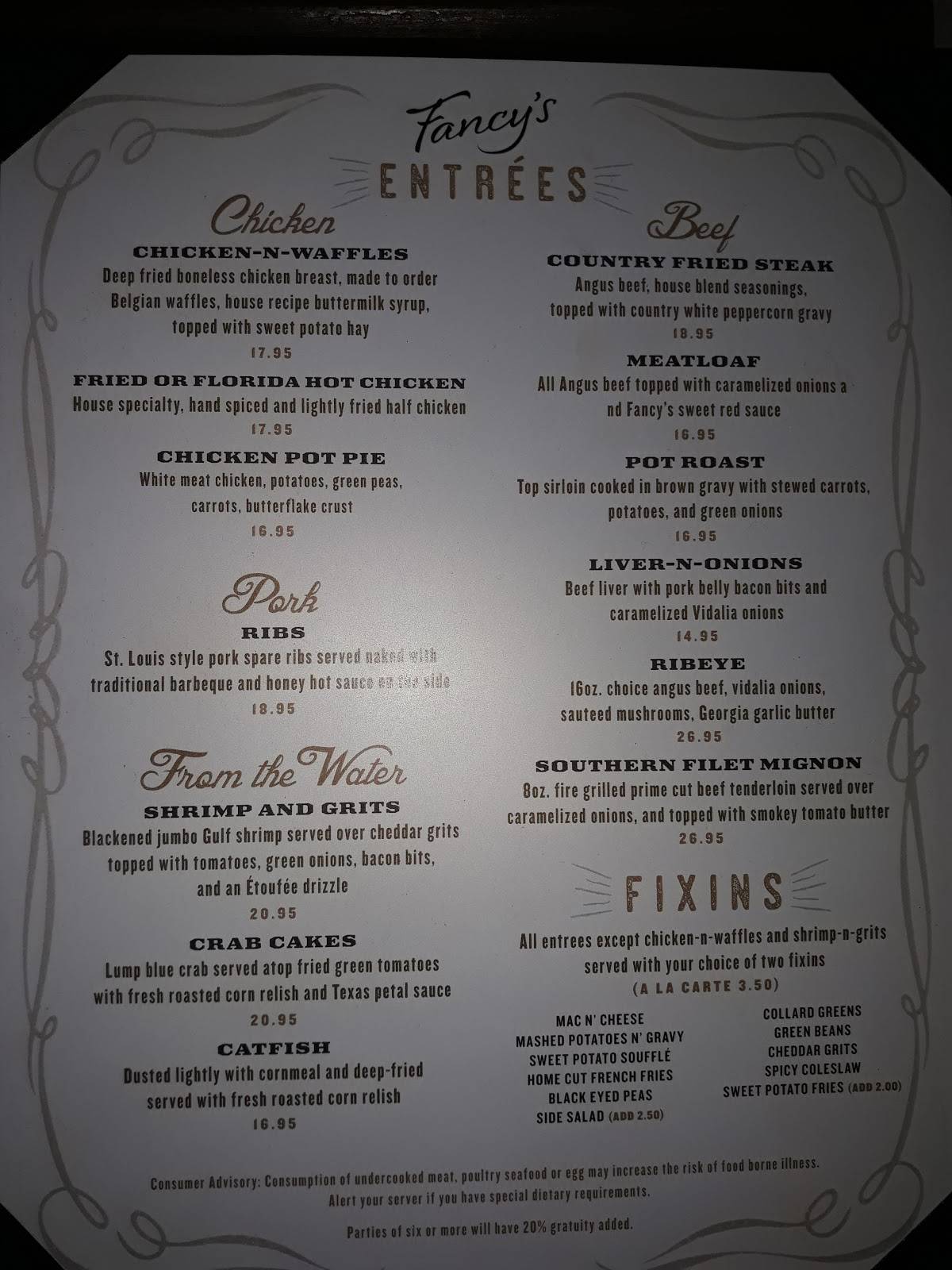 Menu at Fancy's Southern Cafe, Fort Myers