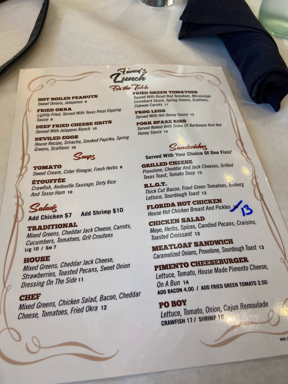 Menu at Fancy's Southern Cafe, Fort Myers