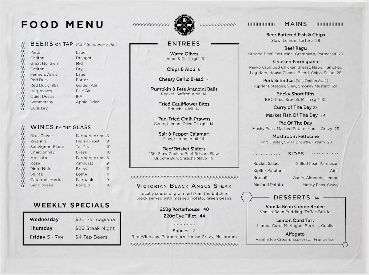 Menu at Farmers Arms Hotel restaurant, Creswick