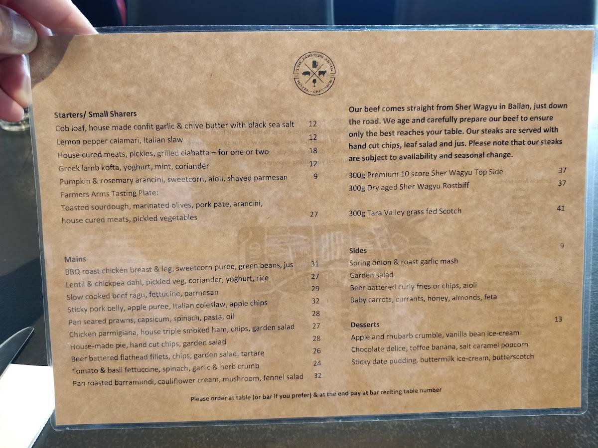 Menu at Farmers Arms Hotel restaurant, Creswick