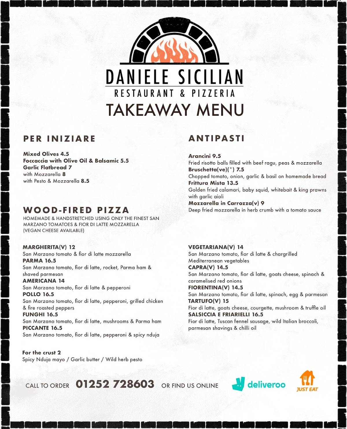 Carta de Daniele Sicilian Restaurant, Farnham