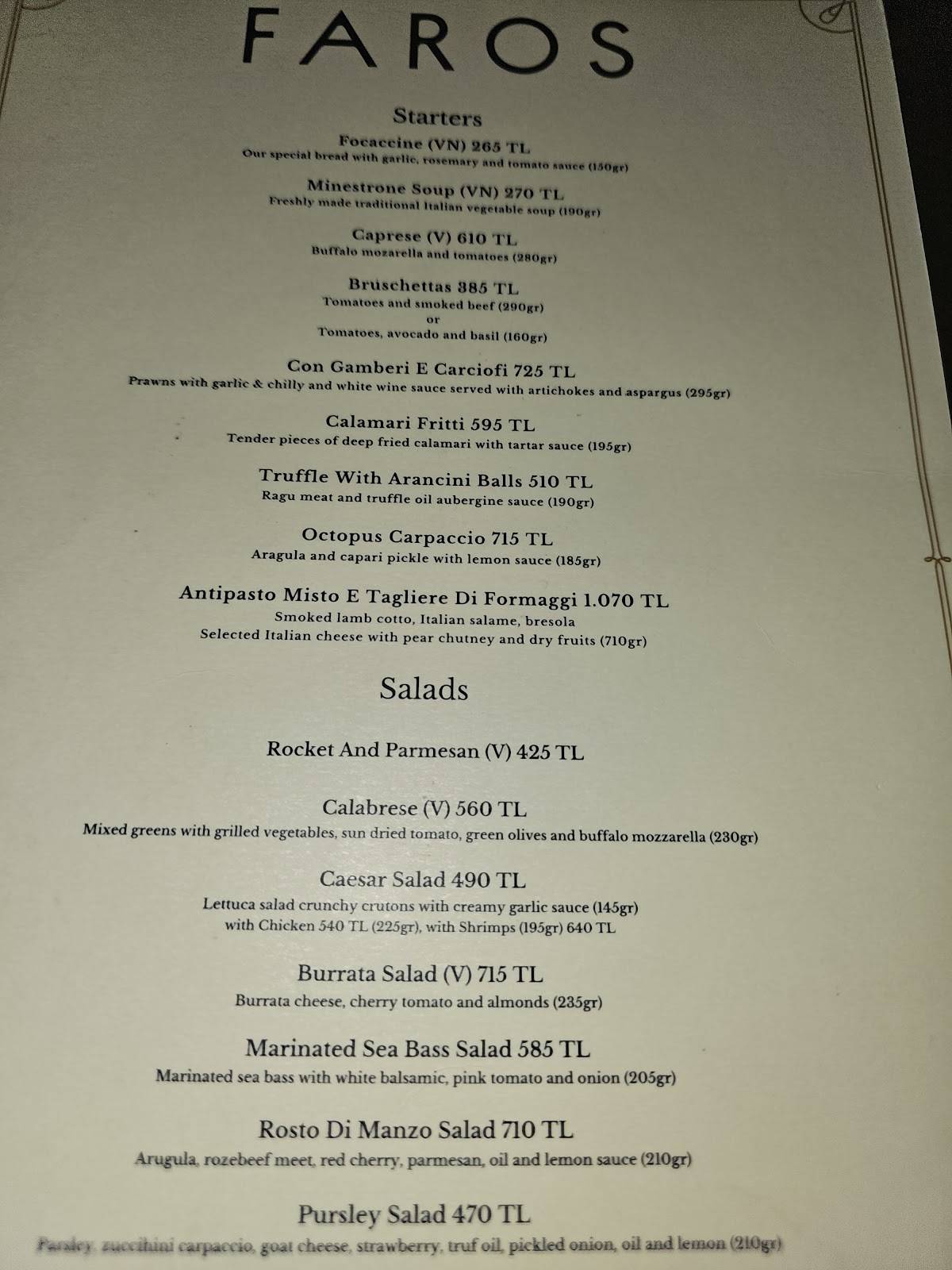 Menu at Faros Karaköy, Istanbul, Fransız Gç Sokağı İş Merkezi No:53 D:8