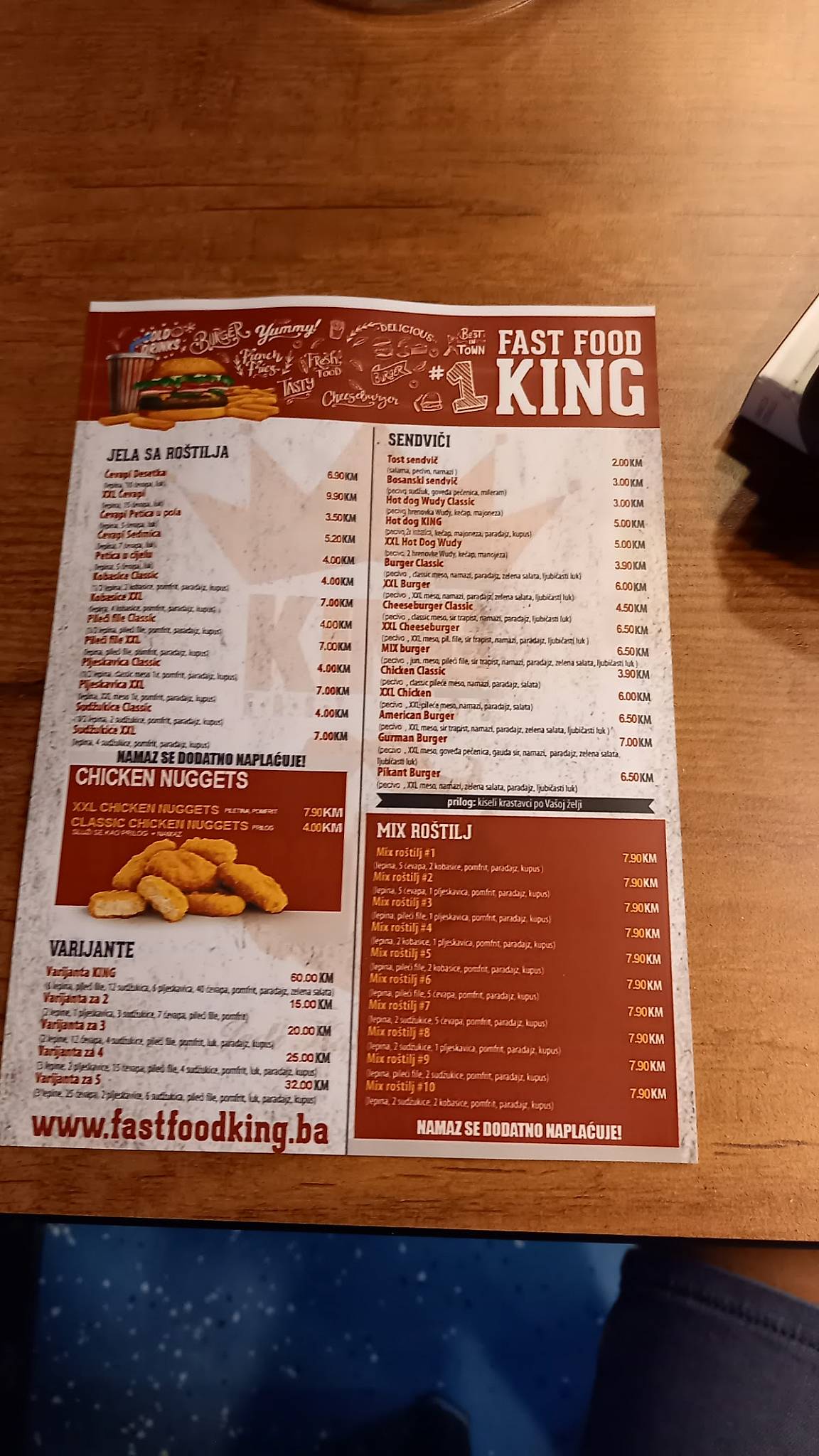 Speisekarte von Fast Food King Tuzla, Tuzla