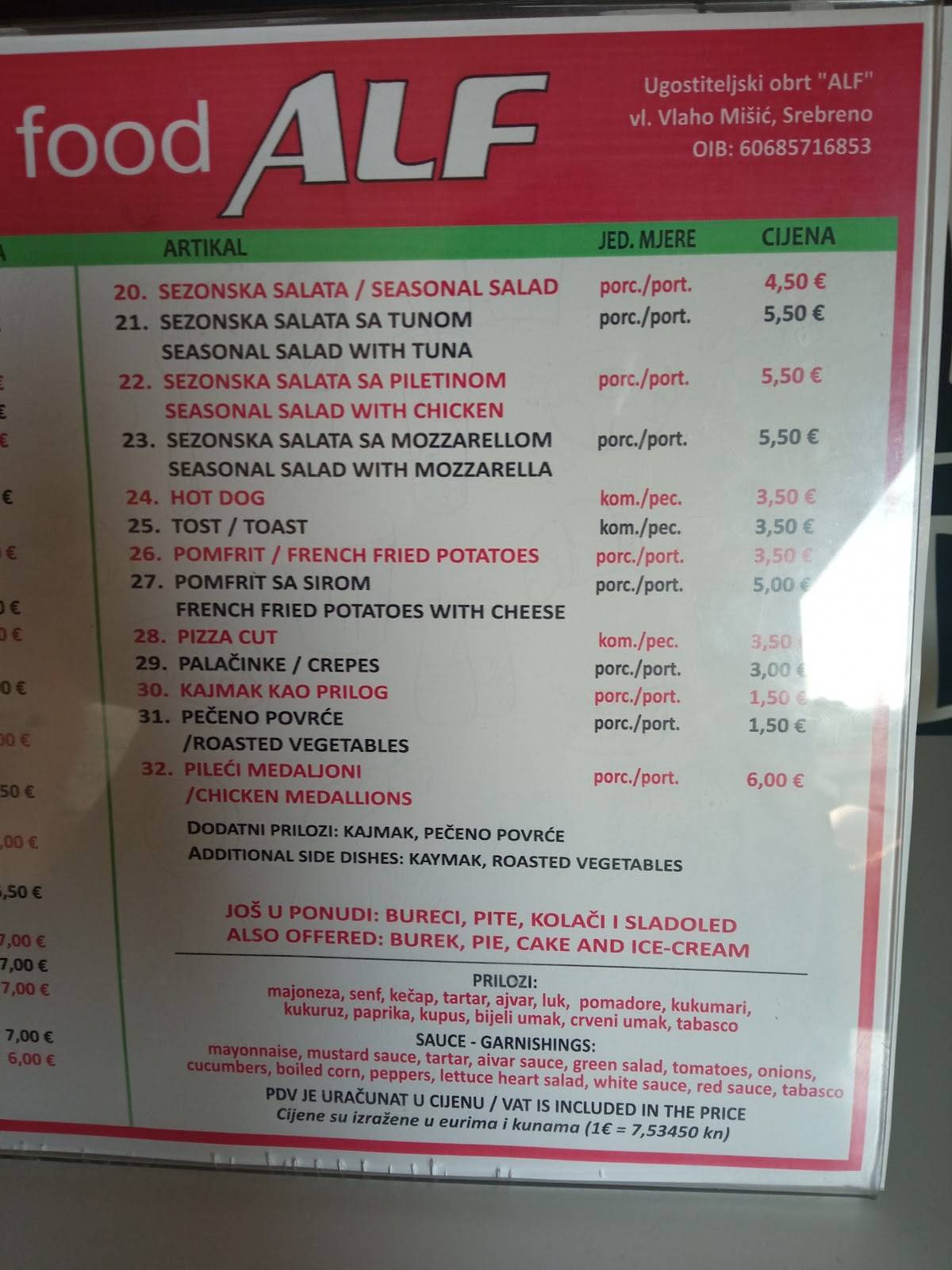 Menu at Fast food ALF, Srebreno