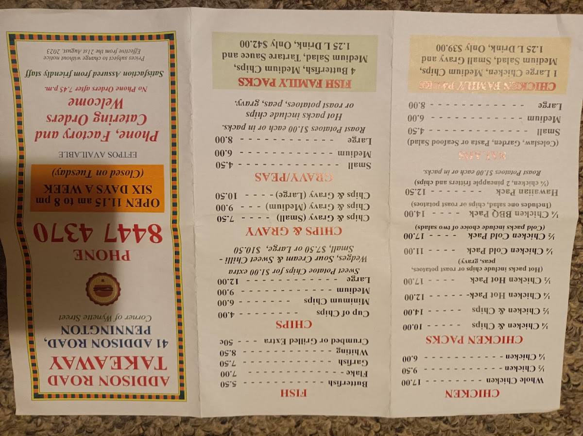 Menu at Addison Road Takeaway fast food, Pennington