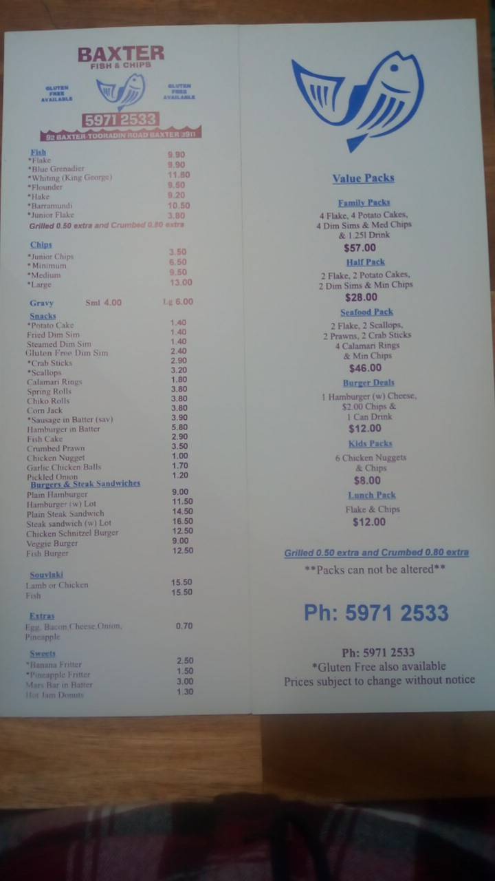 Menu at Baxter Fish And Chips fast food, Baxter