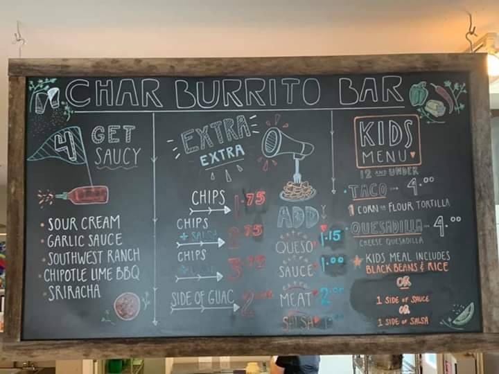 Menu at Char Burrito Bar, Geneva