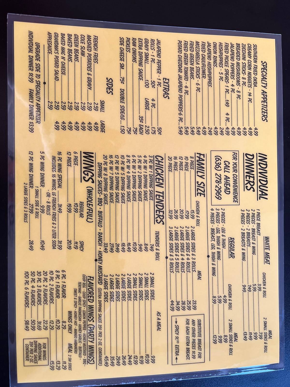 Menu at Chicken Coop restaurant, St. Peters, Cave Springs Blvd