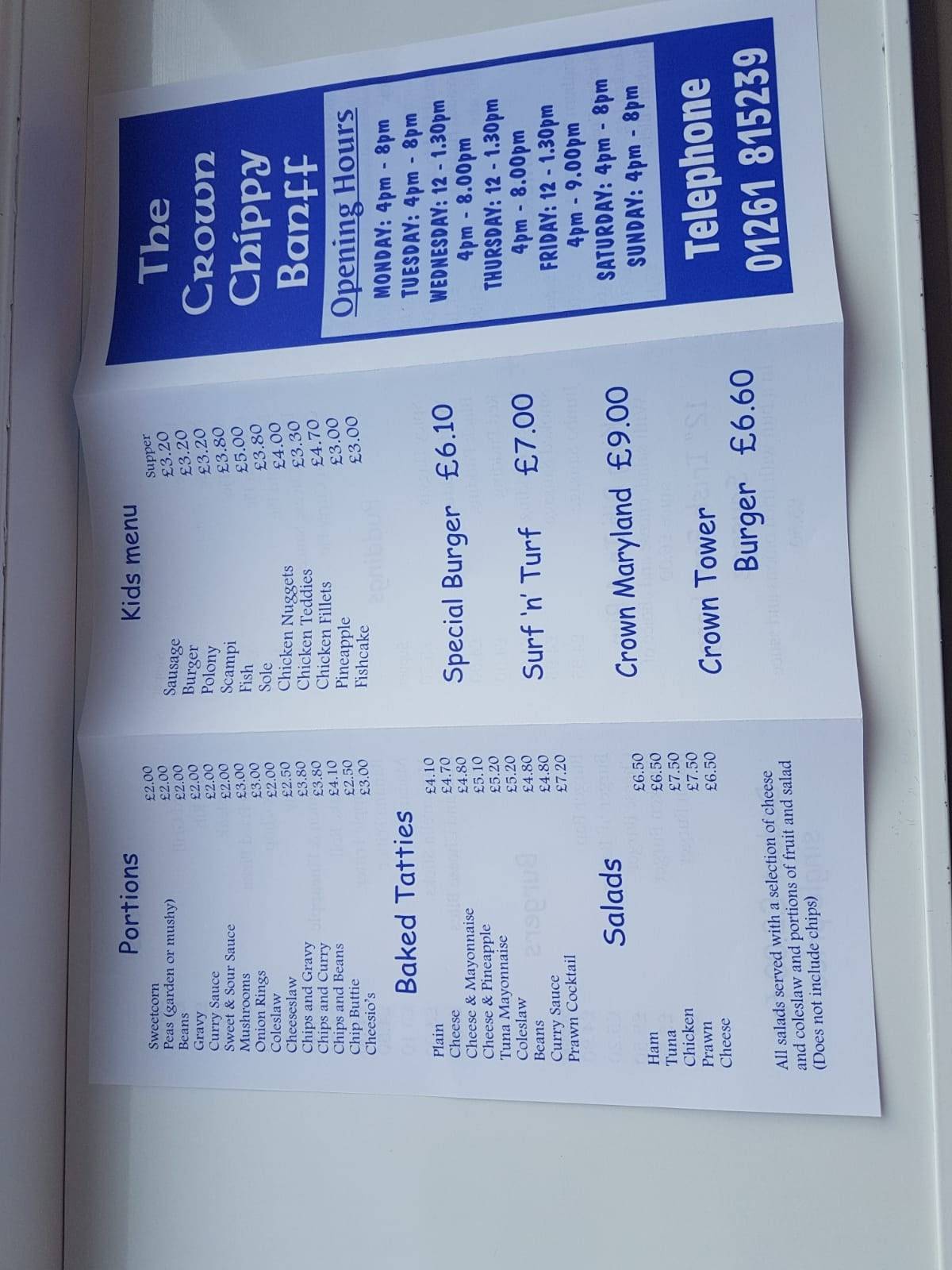 Menu at Crown Chippy fast food, Banff