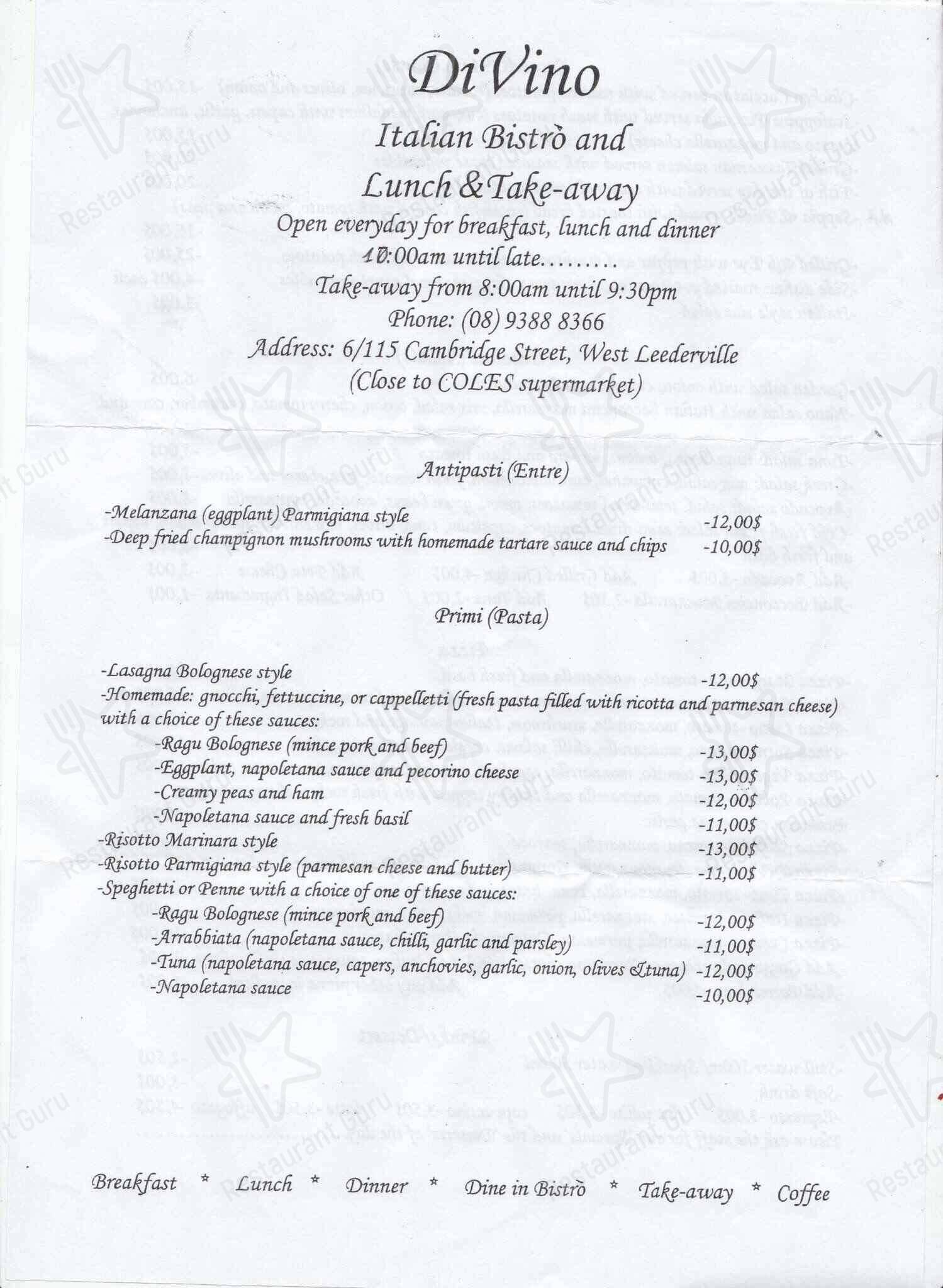 Menu at Divino fast food, West Leederville