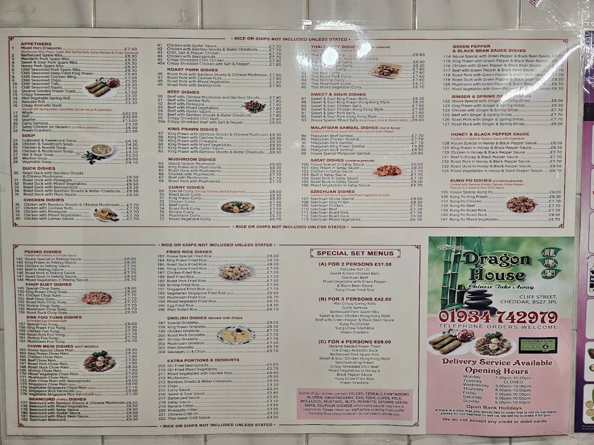 Menu at Dragon House fast food, Cheddar