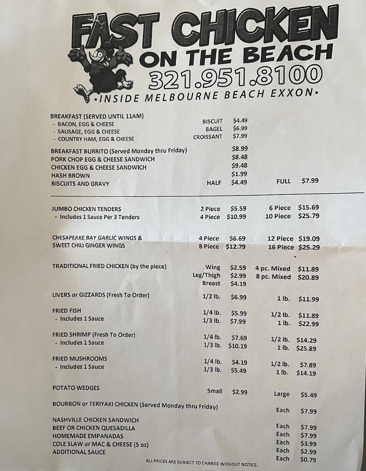 Menu at Fast Chicken on the Beach fast food, Melbourne Beach, 904 Oak St