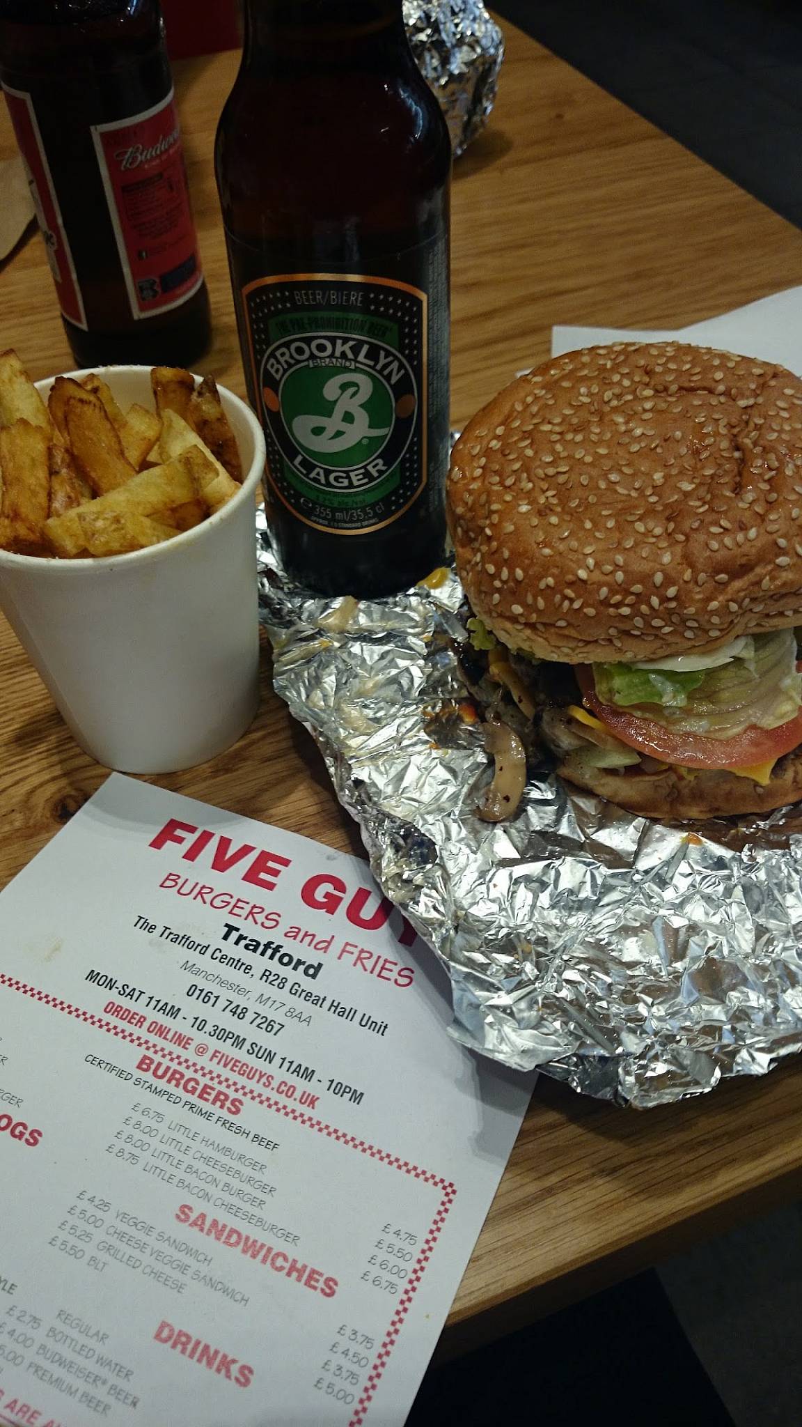 Menu at Five Guys Trafford Centre fast food, Manchester, The Orient