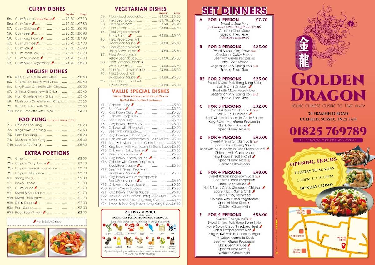 Menu at Golden Dragon fast food, Uckfield