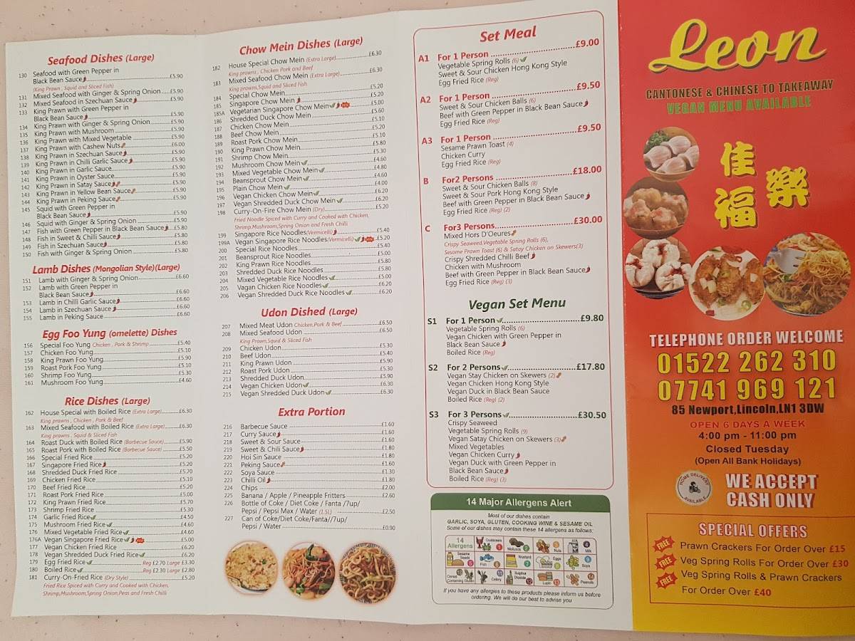 Menu at Leon Cantonese & Chinese Takeaway restaurant, Lincoln