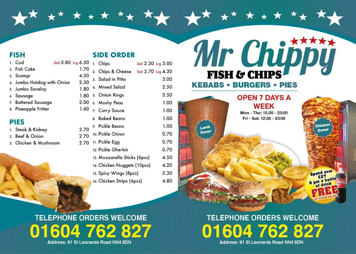 Menu at Mr Chippy fast food, Northampton, 91 St Leonards Rd