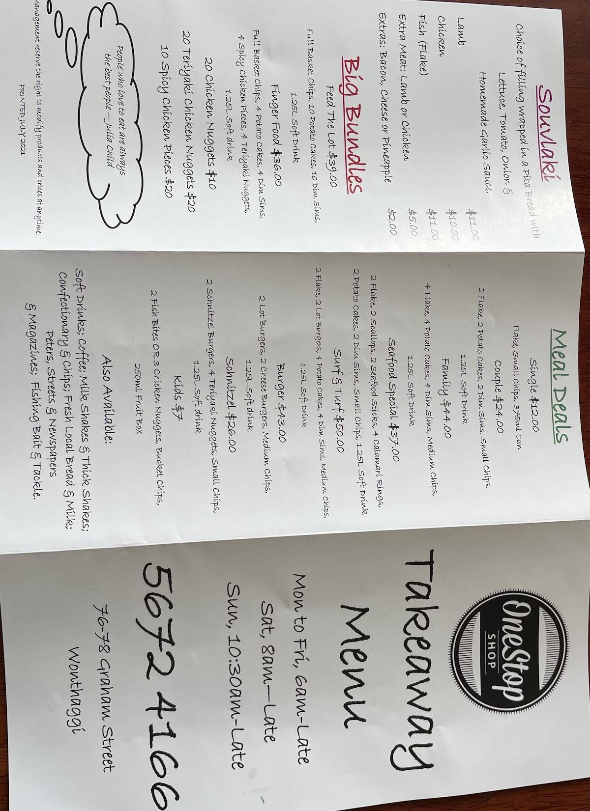 Menu at One Stop Shop fast food, Wonthaggi