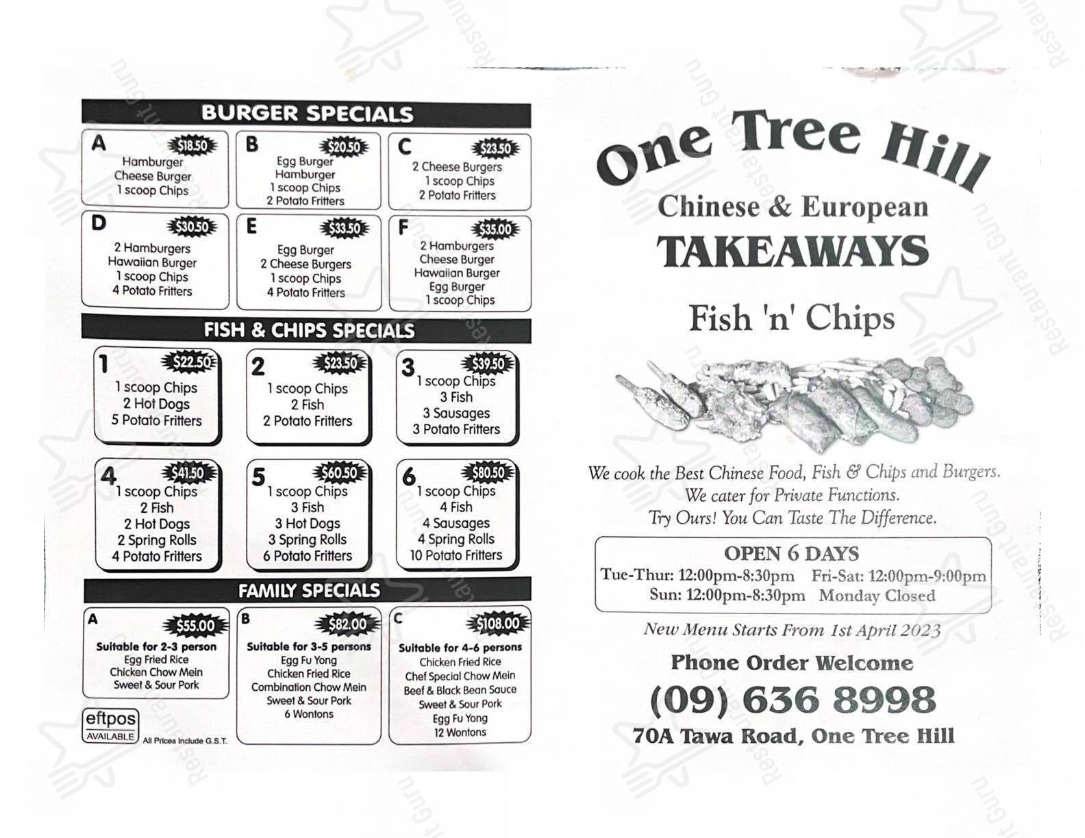 Menu at One Tree Hill Takeaways fast food, Auckland
