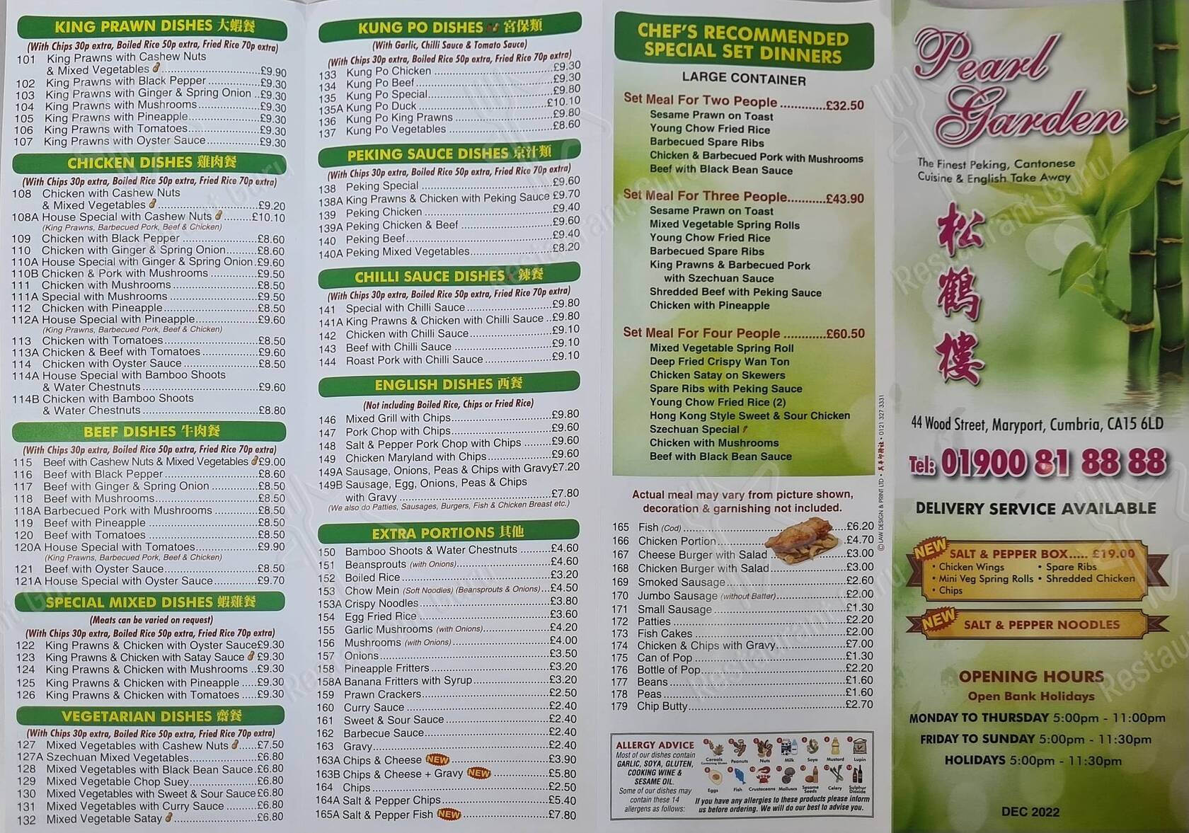 Menu at Pearl Garden fast food, Maryport