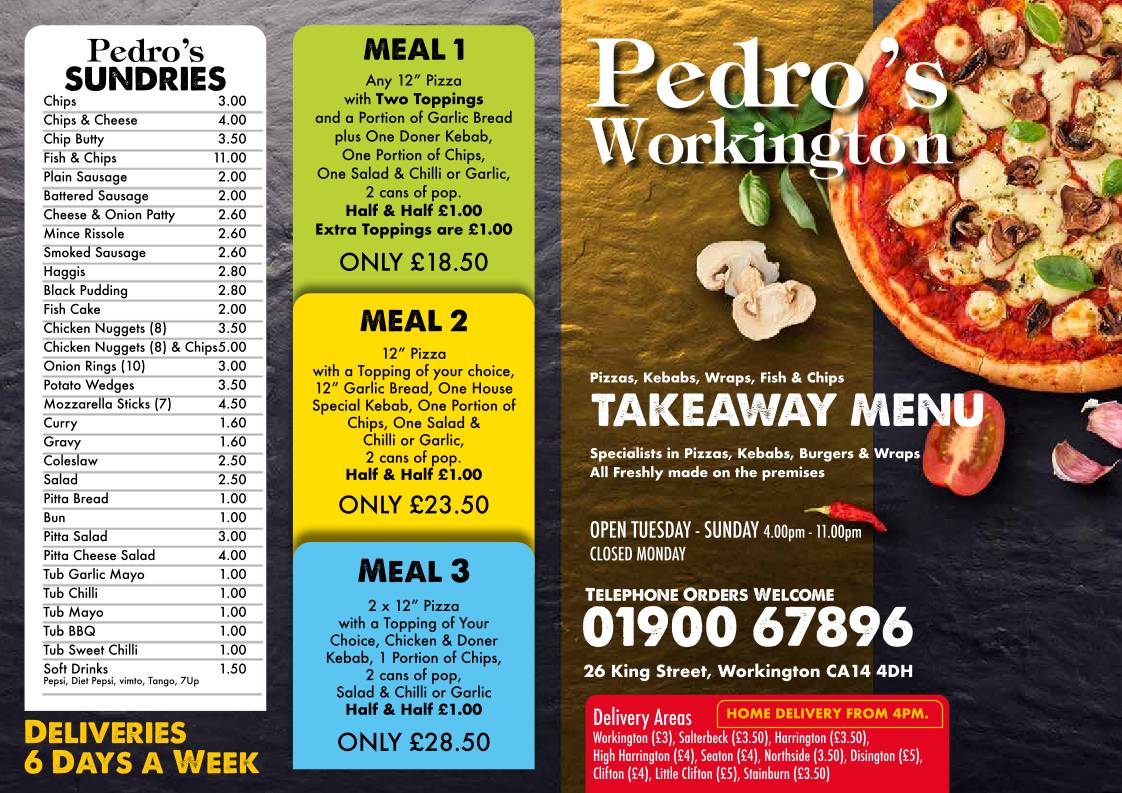 Menu at Pedro's Workington fast food, Workington