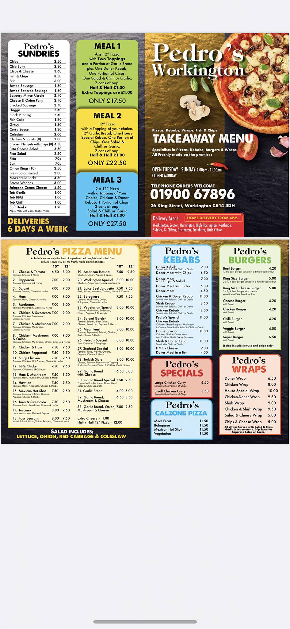Menu at Pedro's Workington fast food, Workington
