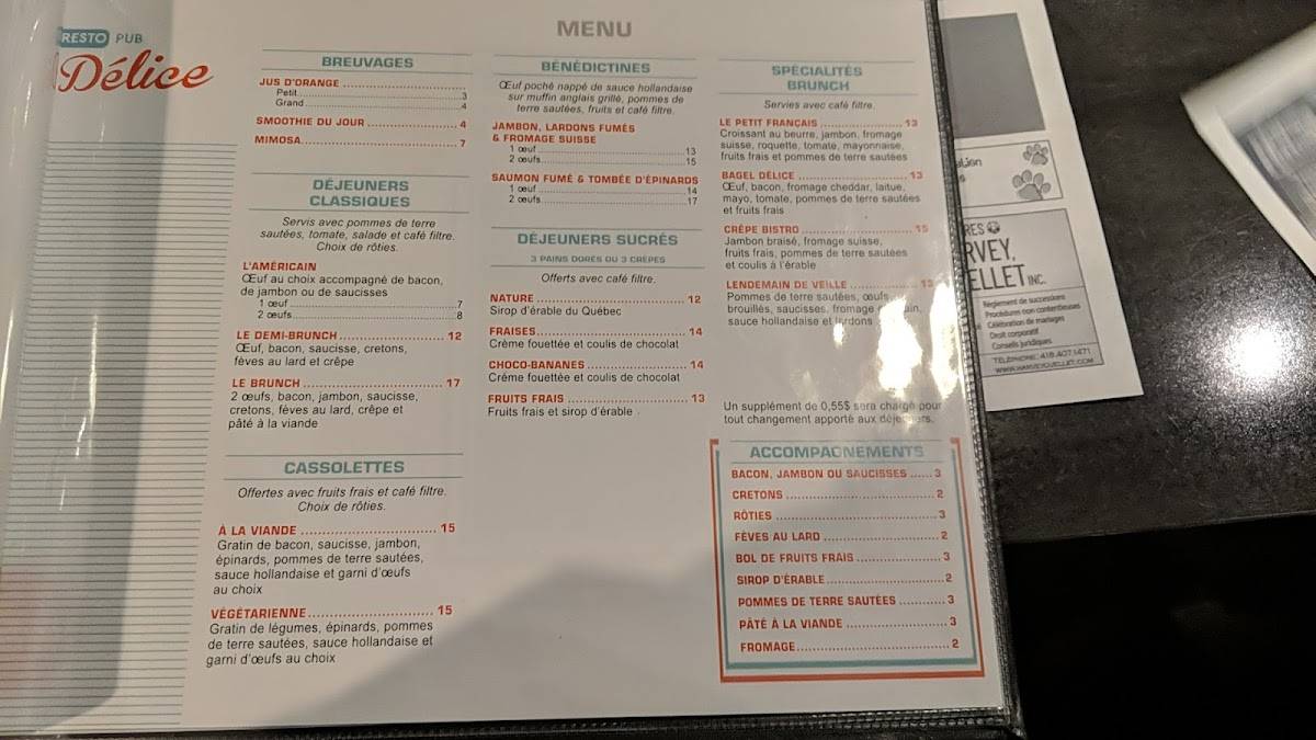 Carta de Resto Pub Délice (Le), Quebec