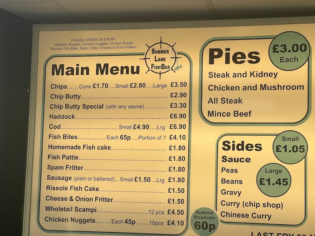 Menu at Summer Lane Fish Bar, Barnsley, 25 Summer Ln