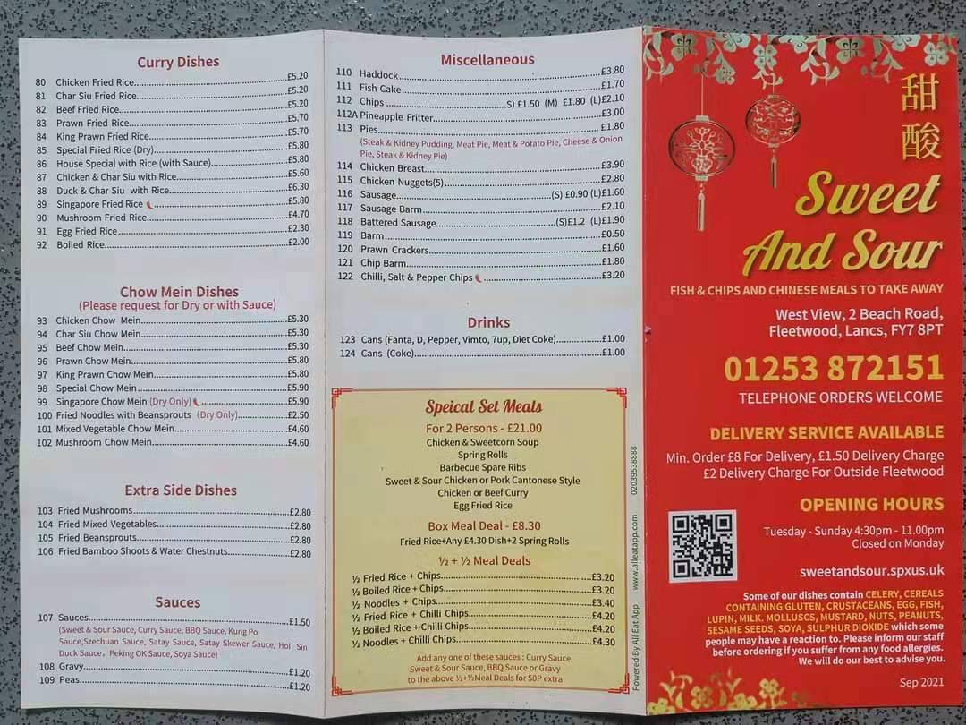 Menu at Sweet & Sour fast food, Fleetwood