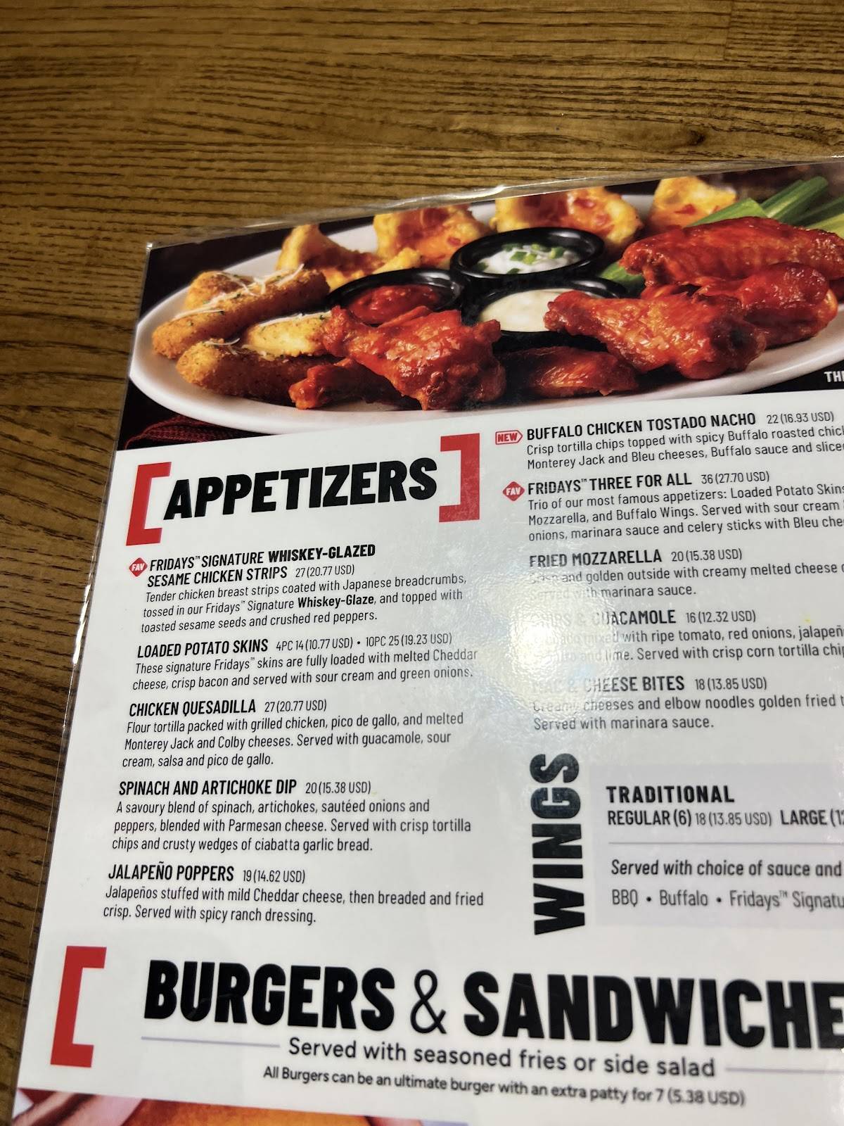 Menu at TGI Friday's restaurant, Niagara Falls, 6700 Fallsview Blvd