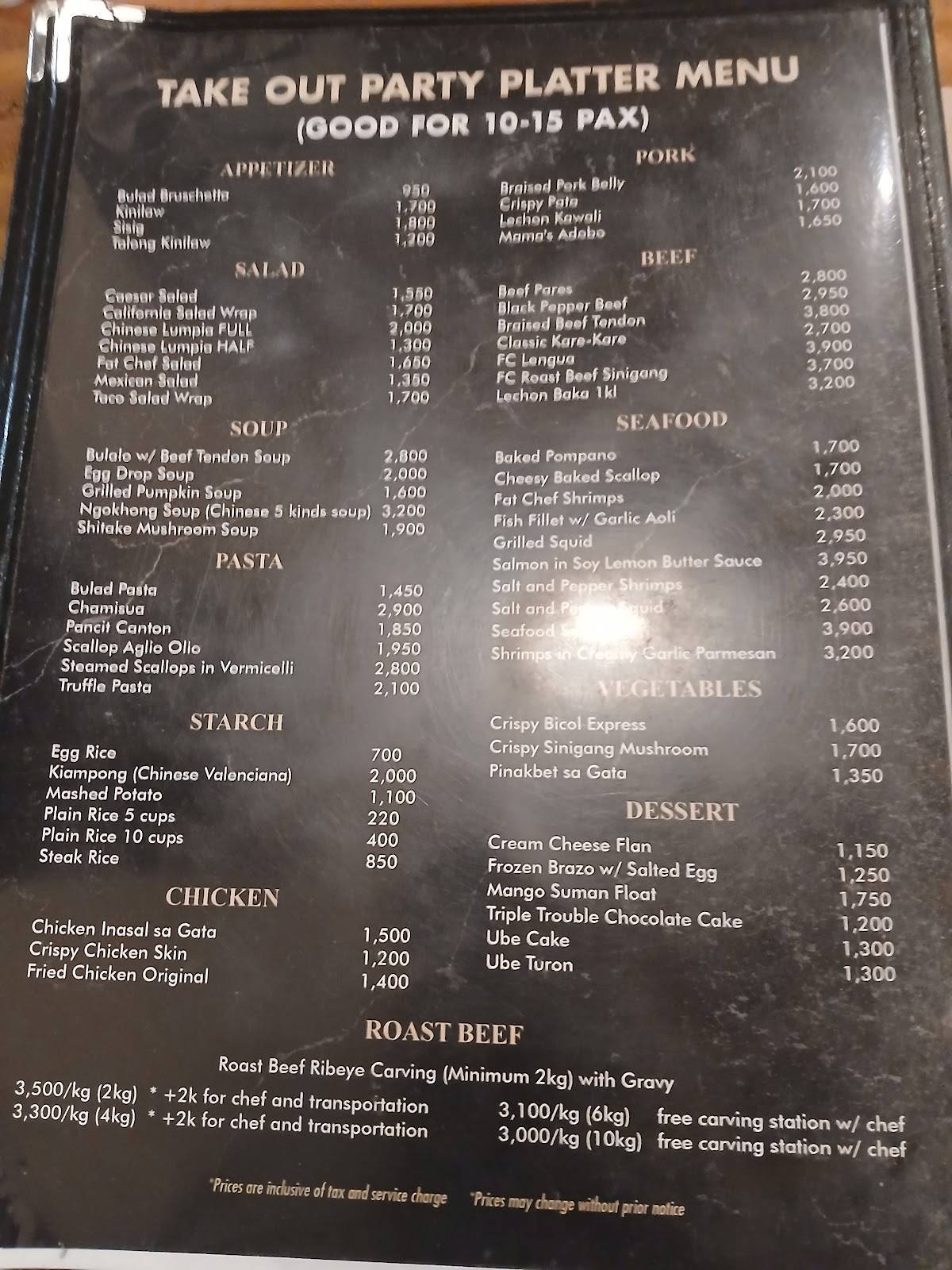 Menu at Fat Chef Restaurant, Cagayan de Oro