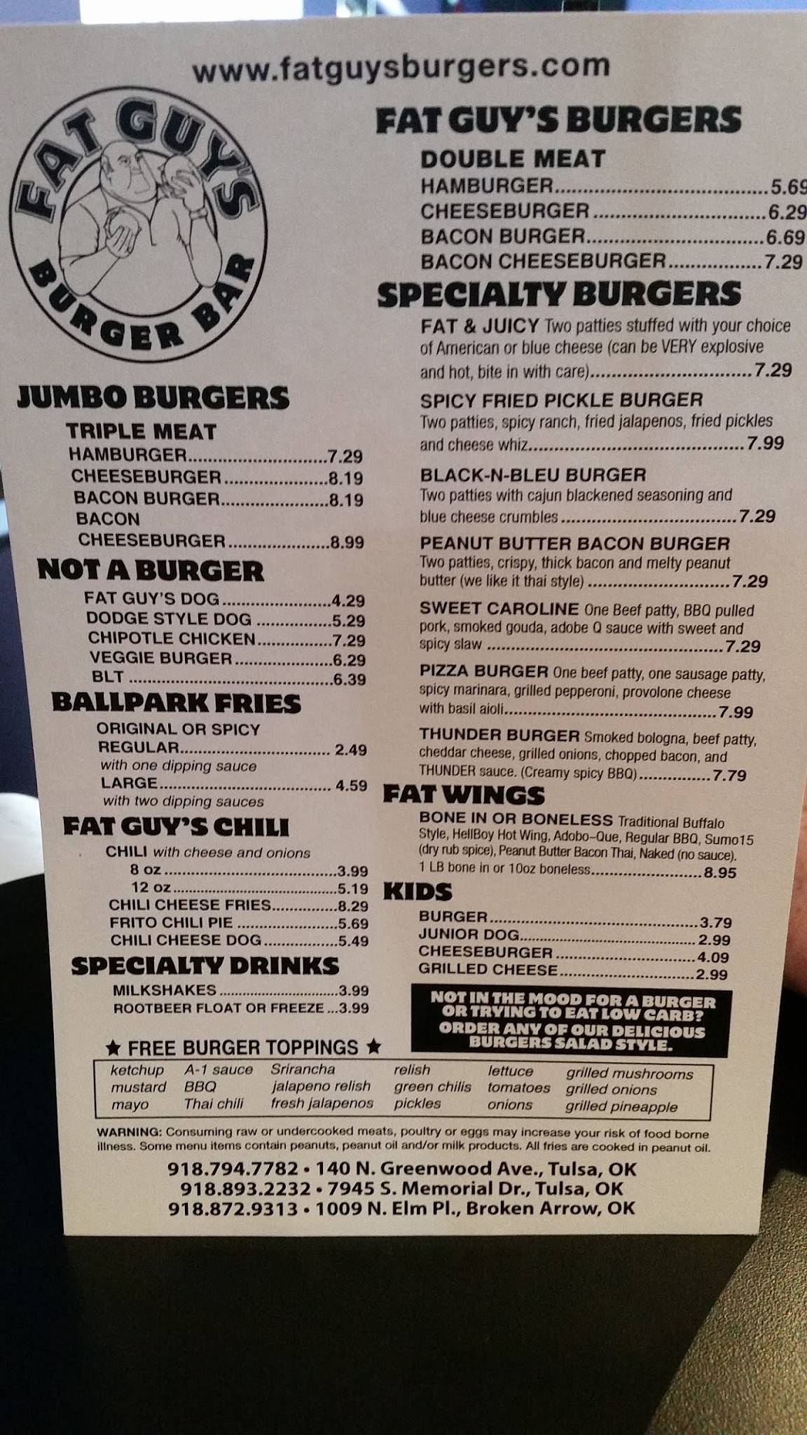 Menu at Fat Guys Burgers restaurant, Broken Arrow