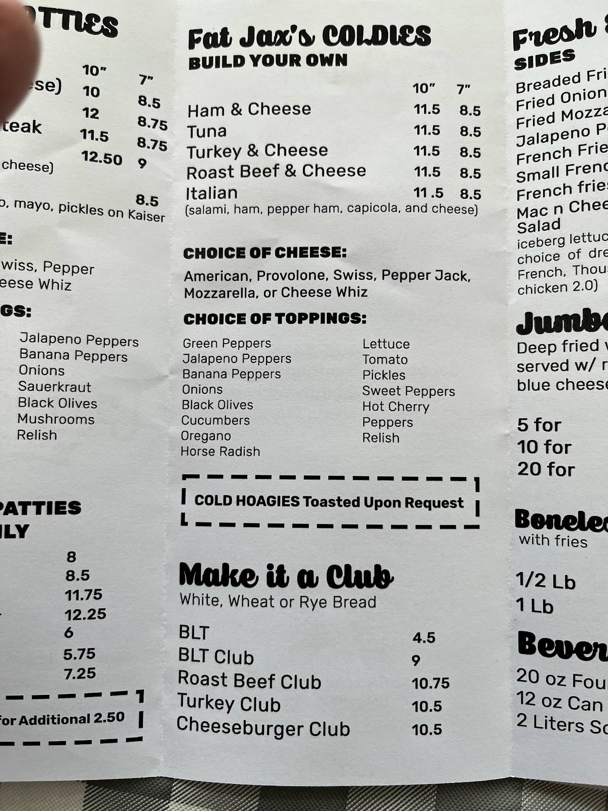 Menu at Fat Jax's on wheels restaurant, Palm Harbor