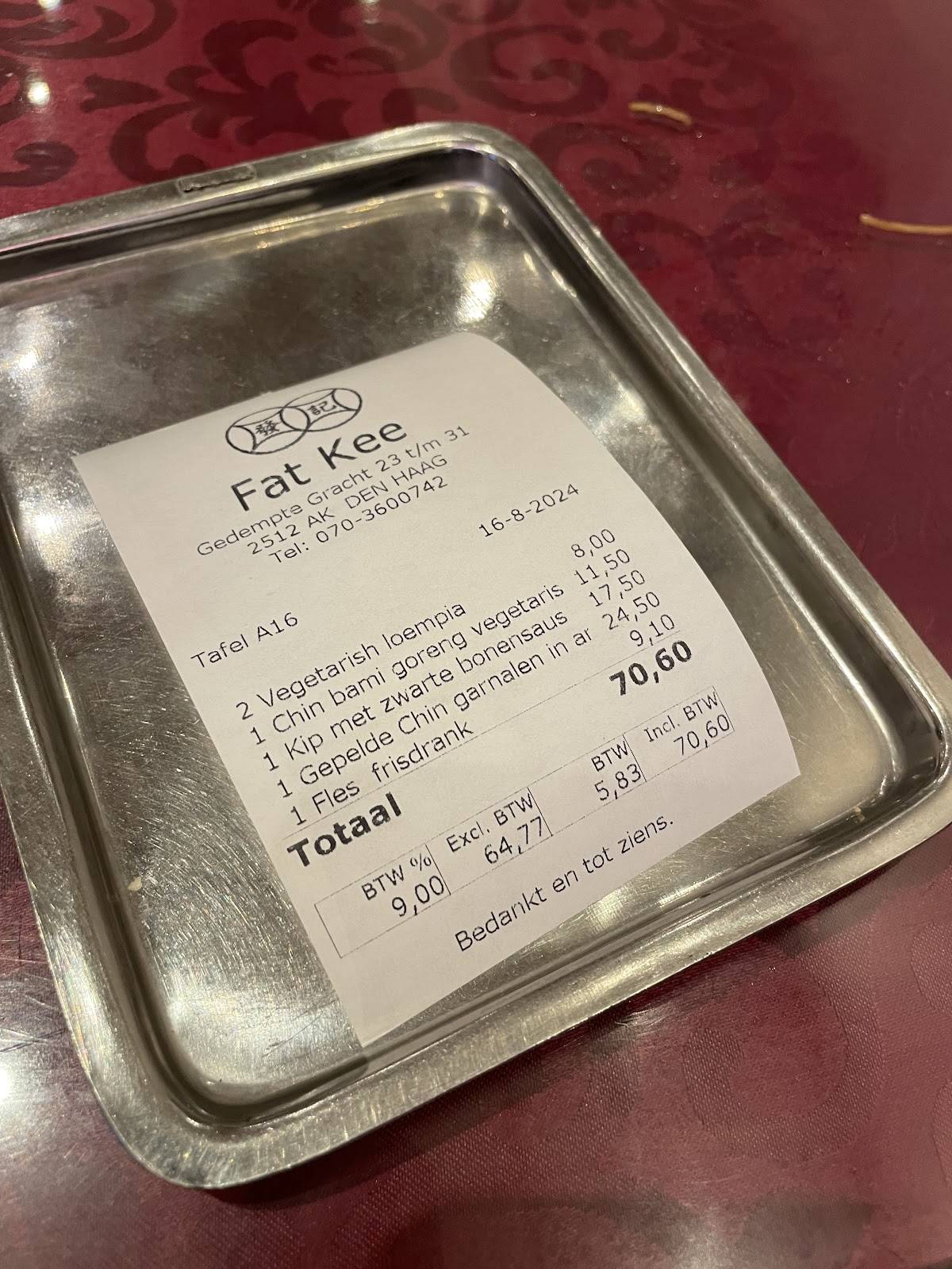 Menu at Fat Kee, The Hague, Gedempte Gracht 23